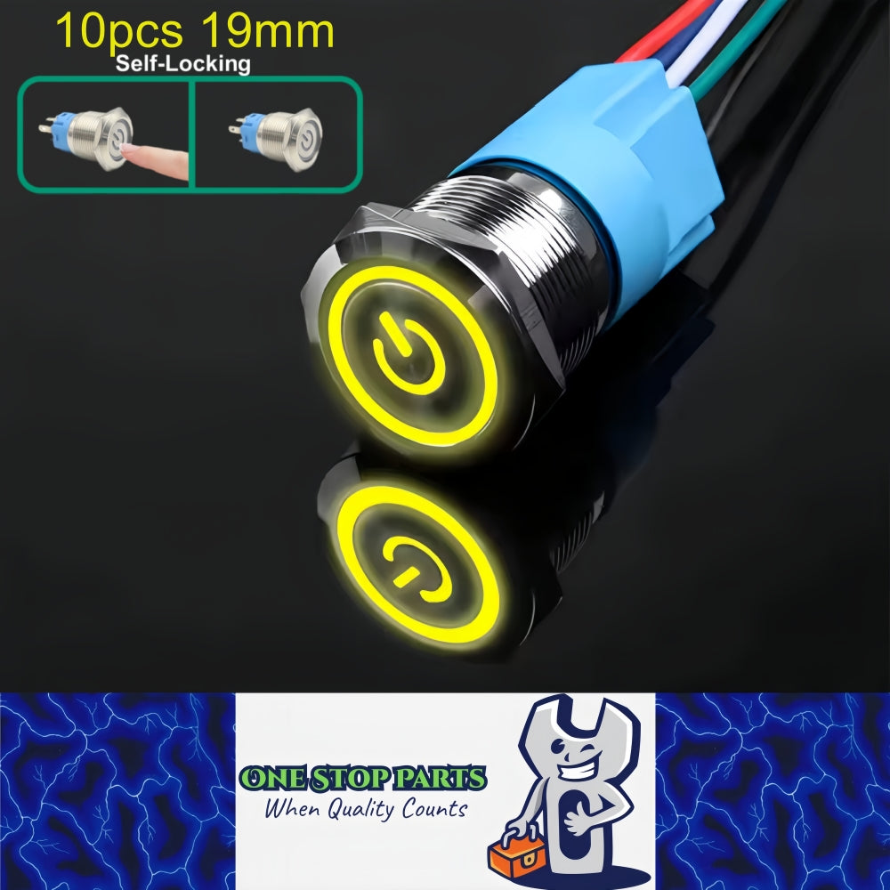 10x 19mm Metal Push Button Switch Yellow LED 12-24V PreWired Self-Lock ...