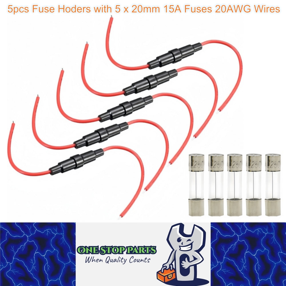 5 x Inline Glass Fuse Holders with 5mm x 20mm Long 15A Glass Fuses 20 ...