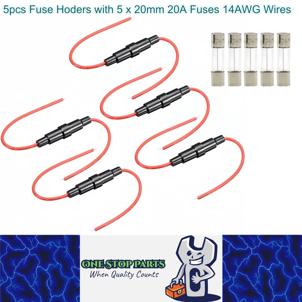 5 x Inline Glass Fuse Holders with 5mm x 20mm Long 20A Glass Fuses 14 ...