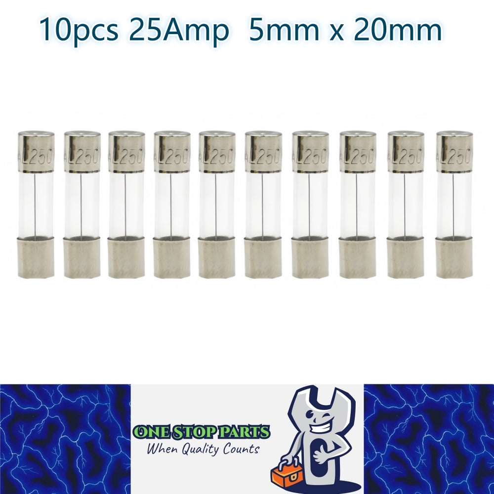 10 x 25Amp Glass Fuses 5mm x 20mm Long 25A Glass Fuse suits Vintage Ca ...