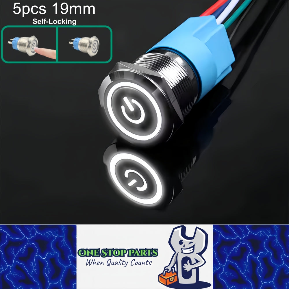 5 x 19mm Metal Push Button Switch White LED 12-24V Pre-Wired Self-Lock ...