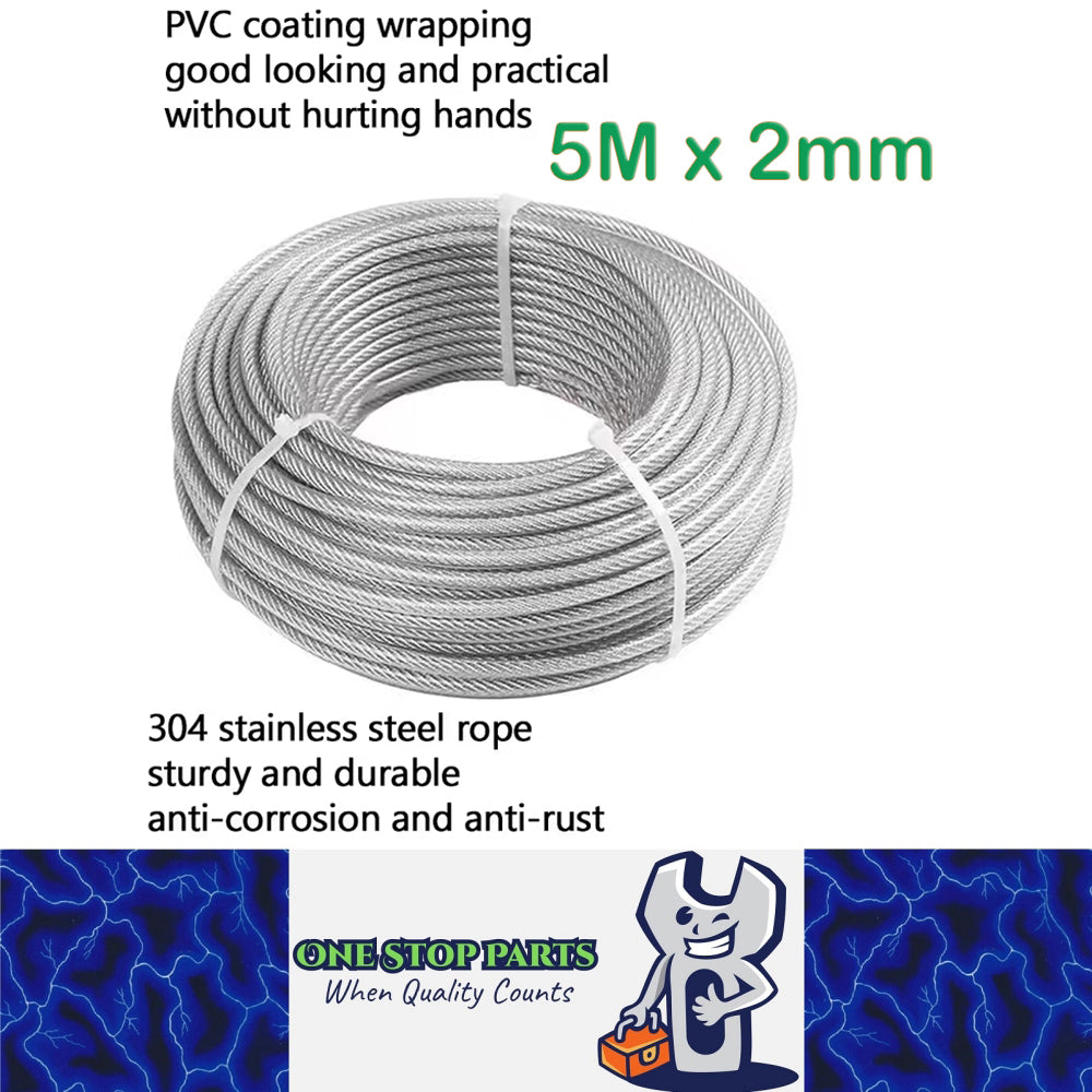 5m x 2mm 304 Stainless Steel Cable Rope PVC Coated Heavy Duty Wire Cab ...